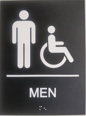 Black ADA Male Restroom Sign Grade II Braille 1/32" White Raised Text