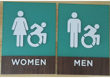 Three Dimensional ADA Compliant Restroom Signage Wood Grain Laminate Clear Grade II Braille