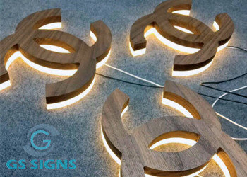 Halo Illuminated Channel Letter Signs Satin Finish Brushed Stainless Steel Customized