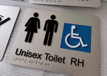 Outdoor Anodised Aluminium Braille Signs 1.6 SNA Panels Unisex Toilet RH Text