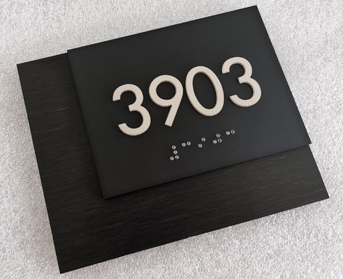 Square Corner 1/32" ADA Room Number Signs White Tactile Text With Brushed Laminated Backer