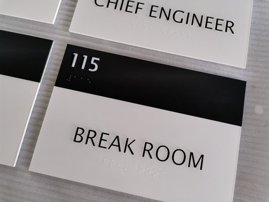 Square Corner ADA Room Signage 1/8" Acrylic Grade 2 Round Braille Vandal Resistant
