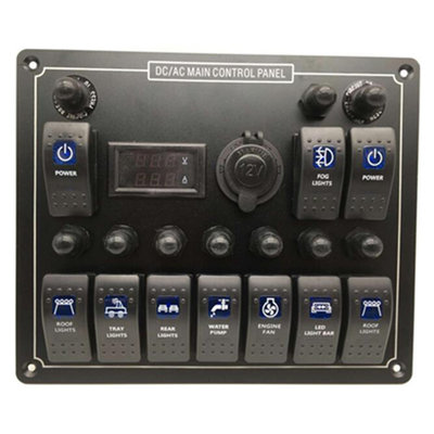 Hot Selling Waterproof On Off 10 Gang 5Pin With Digital Voltmeter Car Cigarette Lighter Rocker Switch Panel