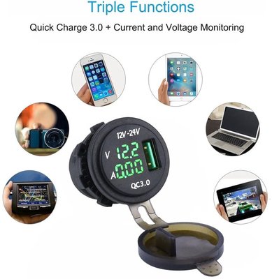 Waterproof QC 3.0 USB Charger Socket Power Outlet with Digital Voltmeter + Ammeter Monitoring for Car Boat Marine Rv Mot