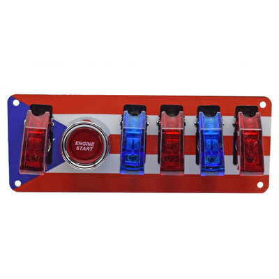 12V Switch Panel Puerto Rican Flag, Push Start, 1 WHITE/4 RED LED Toggle Switch