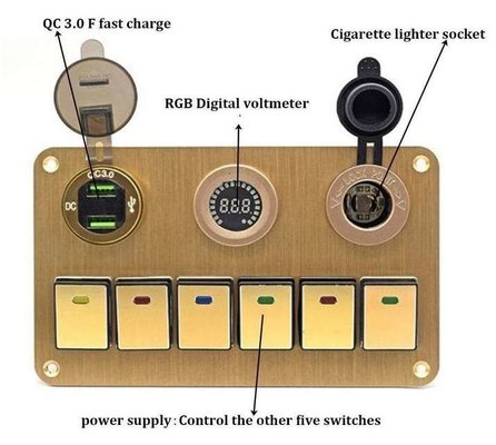 6 Gang Switch Panel 12V/24V Rocker USB Socket Power Socket Breaker Control QC3.0 Voltmeter Car Marine