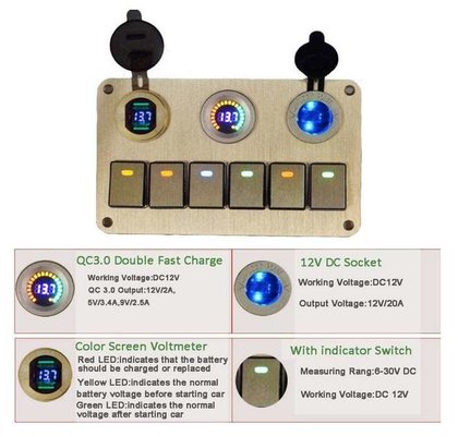 Metal 6 Gang Switch Panel 12V Rocker USB Socket Power Socket Breaker Control QC3.0 RV Car Marine