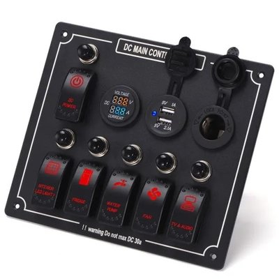 DC12V 24V multifunction 6 Gang Marine Rocker switch control panel with usb socket voltmeter ampermeter cigarette socket