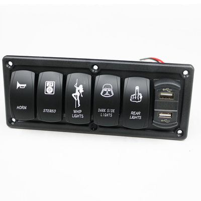 Plastic 5 Gang Rocker Switch Panel with 4.2 Amps Dual USB Socket with Voltmeter Pre-Wired for Marine Boat Car Truck