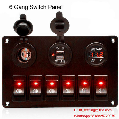 6 Gang Switch Panel 12V Rocker USB Socket Power Socket Red LED QC3.0 Voltage Marine