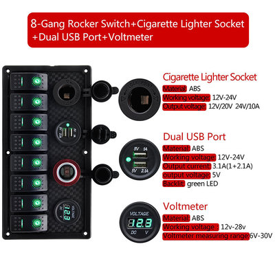 Waterproof Marine Boat 8 gang Rocker Switch Panel with Dual USB charger + Cigarette Lighter +voltmeter
