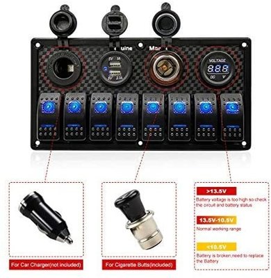 8 Gang Waterproof Rocker Switch Panel - with Fuse DC 12V/24V Digital Voltage Display Dual USB Slot Power Socket