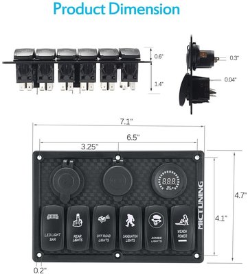 Waterproof Rocker Switch Panel with Fuse, 6 Gang ON-Off Toggle Switch Dual USB Digital Voltmeter and Cigarette Lighter