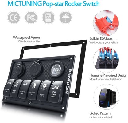 Waterproof Rocker Switch Panel with Fuse, 6 Gang ON-Off Toggle Switch Dual USB Digital Voltmeter and Cigarette Lighter