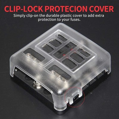 6-Way Fuse Panel Box Blade Holder w/Negative 12V 6-Circuit Fuse Block Box LED Light Indication & Protection Cover,