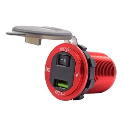 Black Metal 12V/24V Waterproof QC3.0 USB socket Charger with Voltmeter and On/Off Switch for Car Boat Motorcycle Marine