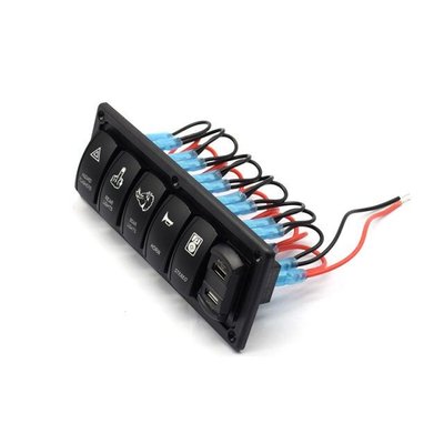 Plastic 7 Gang LED Rocker Switch Panel with 4.2A Dual USB Socket with Volt display Pre-Wired for Auto Car marine Truck
