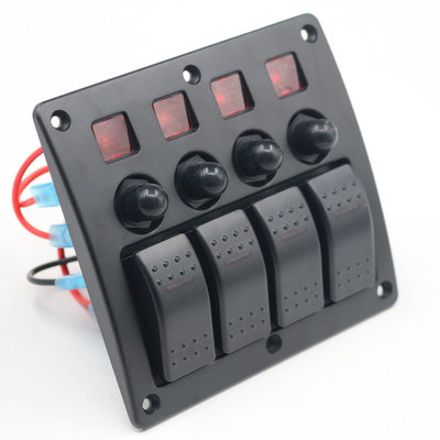 Auto car marine 12V 4 gang Red LED on-off rocker Switch Panel with circuit breaker fuse