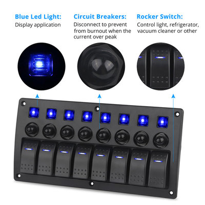 8 Gang Red LED Indicators Rocker & Circuit Breaker Waterproof Marine Boat Rv Switch Panel
