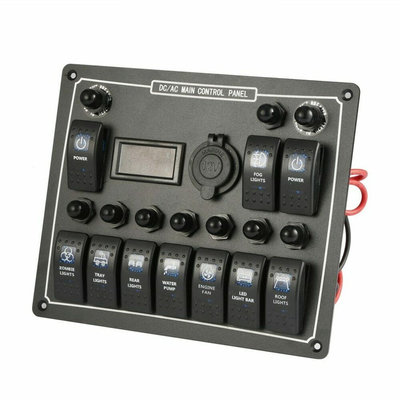 10 Gang Waterproof Auto Boat Marine LED AC/DC Rocker Switch Panel Dual Power