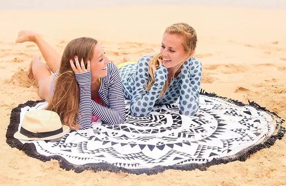 Printed Design Microfiber Beach Towel Sand Free Round With Tassels