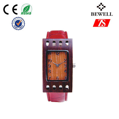 Eco - Friendly Rectangular Face Wooden Ladies Watch With Red Leather Strap
