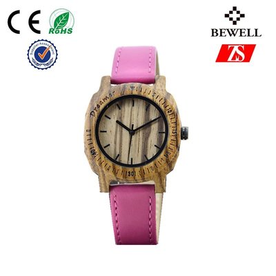 Fashionable Bewell Wooden Watch With Pink Leather Band And Laser Logo