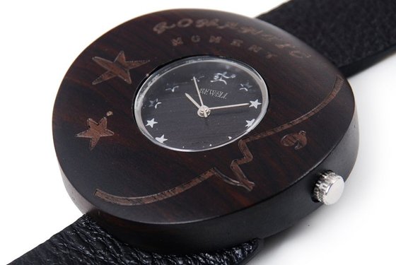 Customized Black Sandal Wooden Watch With Leather Band And Laser Logo