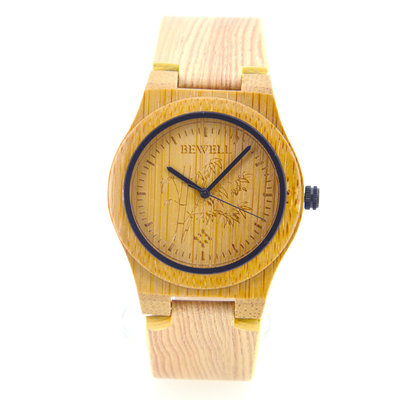 Customized Elegant Men Wooden Watch Harden Glass With Leather Strap