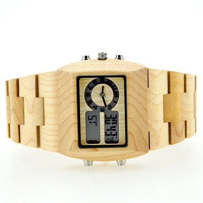 Bewell Natural Maple Wood Wrist Watch For Male With Double Movements