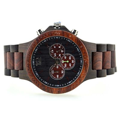Customized Black And Red Quartz Wood Watch 3 ATM waterproof