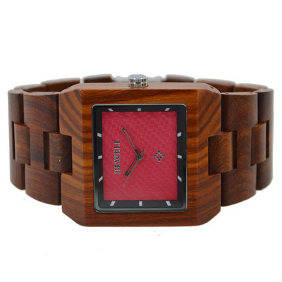 Handmade Square Case Red Sandalwood Watch for Lady In Simple Design