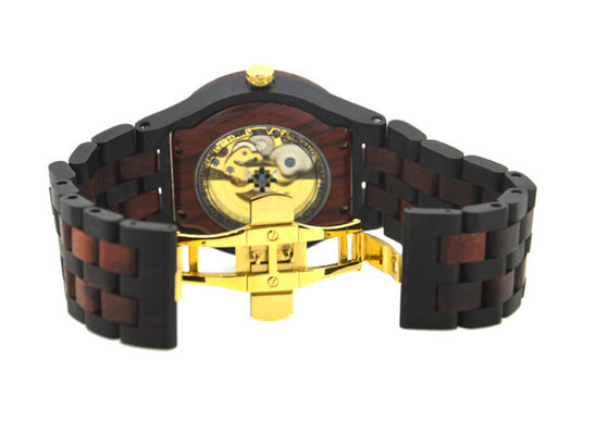 Automatic Movement Gold Dial Bewell Wood Watch Man , Sandalwood Case And Band