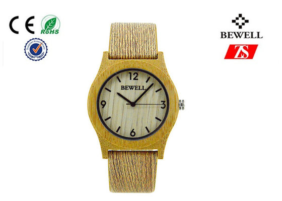 Bamboo Wooden Watch With Leather Band Stell Crwon And Buckle