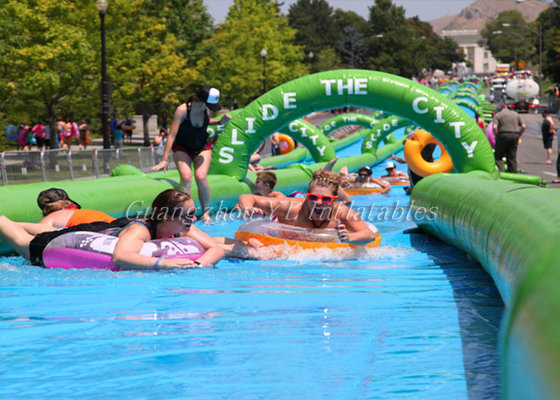 Super Long Outdoor Green Inflatable Slide The City For Blow Up Water Park