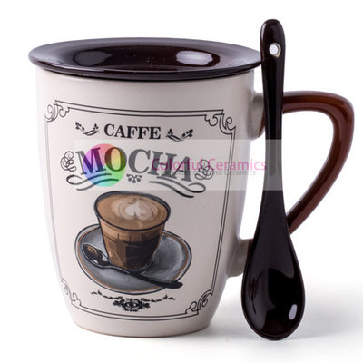 350ml Handmade Stoneware Mugs Decal Design Safety With Spoon And Lid