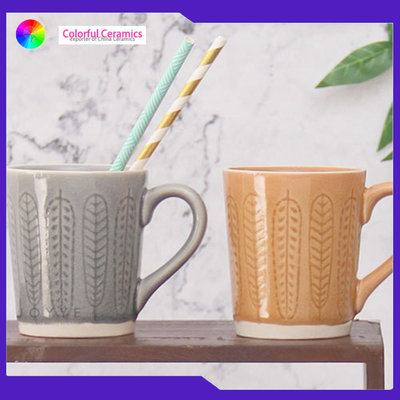 Embossed Ceramic Travel Coffee Mugs Promotional Portable With Handle