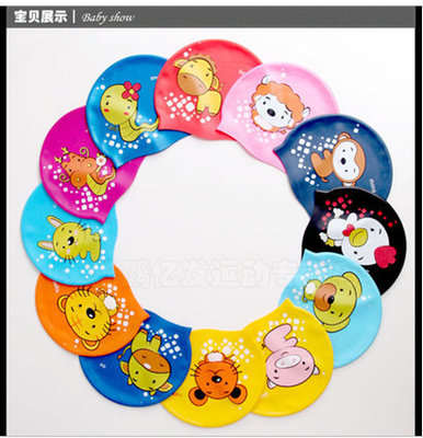 100% Silicone Funny Childrens Swimming Hats Red with Cute Animal Printed