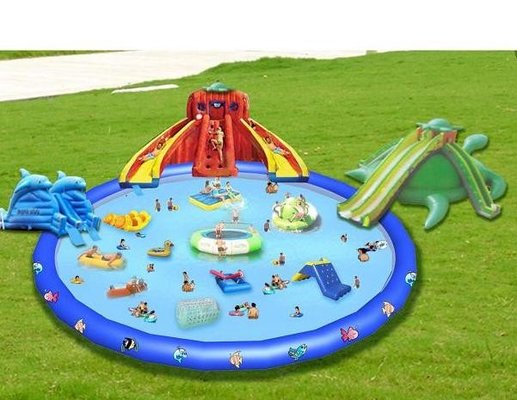 Amusement Equipment Inflatable Water Park With Large Pool / 3 Inflatable Slides