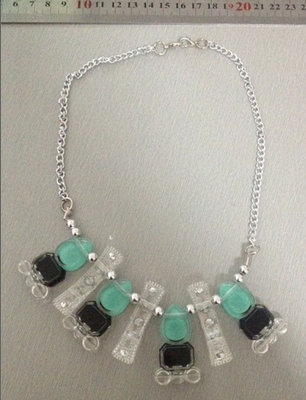 ABS and Alloy hand made necklace blue black and clear with gold chain