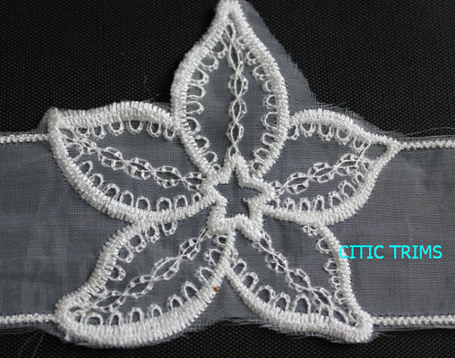 White 6.5cm Organza Lace Trimmings Delicacy Cotton And Poly With Flower Pattern