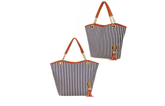 Vertical Stripe women Cloth Shopping shoulder Bag with Metal Chain