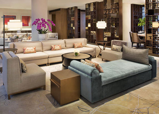 Elegant Wood Fabric Hotel Sofa Set High Back Couch / Chair For Lobby