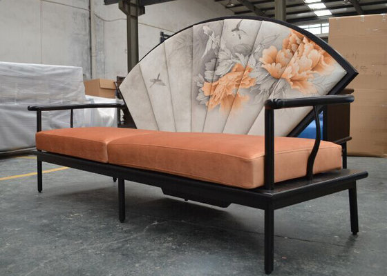 Artistic Wooden Frame Hotel Lobby Sofa Set / Orange Velvet Upholstered Couches Sofas