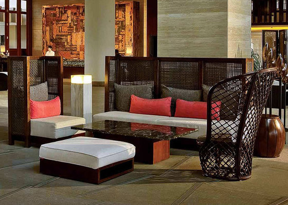 Lobby Wood Frame Rattan Sofa Set For Island Resort Durable Teak Wood