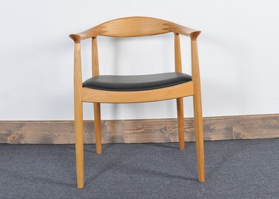 Vintage Hans Wegner Wooden Restaurant Chair With Upholstered Leather Seat