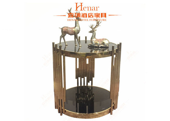 Gold Color Metal Side Table for Hotel Living Room Contemporary Tempered Glass Top