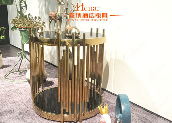 Gold Color Metal Side Table for Hotel Living Room Contemporary Tempered Glass Top