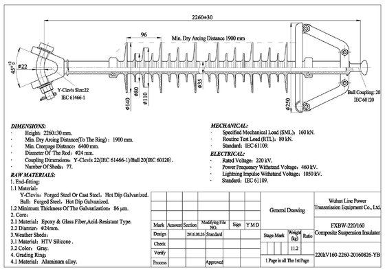 220KV 160kN Composite Silicone Insulators φ24mm Rod Diameter , 11.2kg Weight
