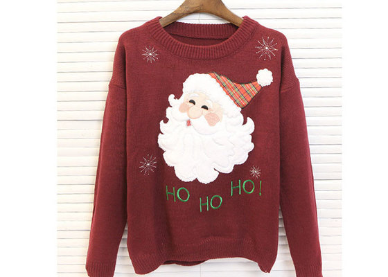 Round Neck Acrylic Lady Ugly Christmas Sweater Embroidered Pattern For Women